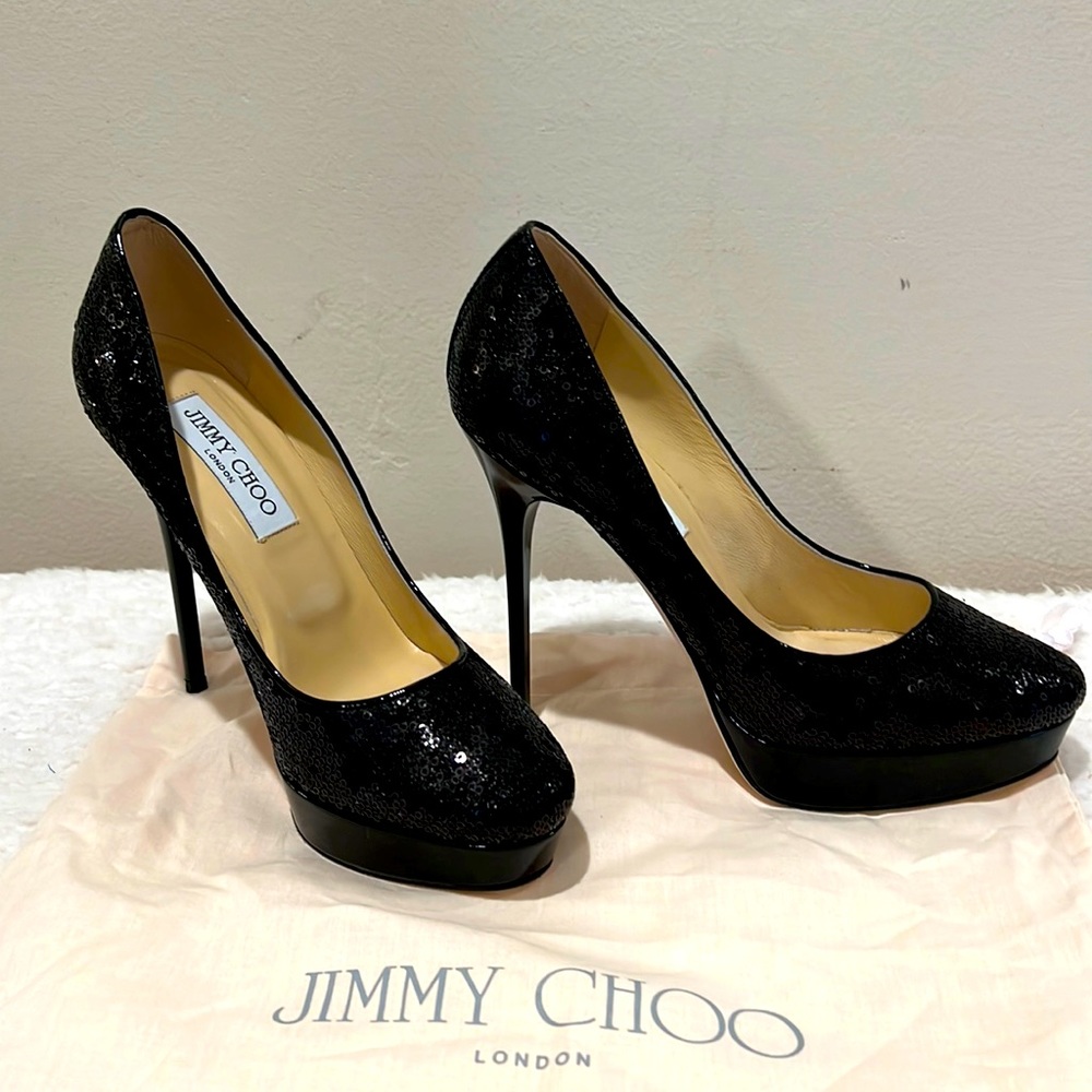 Jimmy Choo Cosmic Black Sequin Patent Leather Platform - Gem